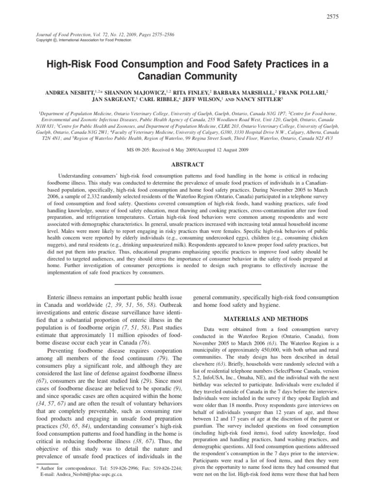 High Risk Food Consumption and Food Safety Practices in Canadian ...