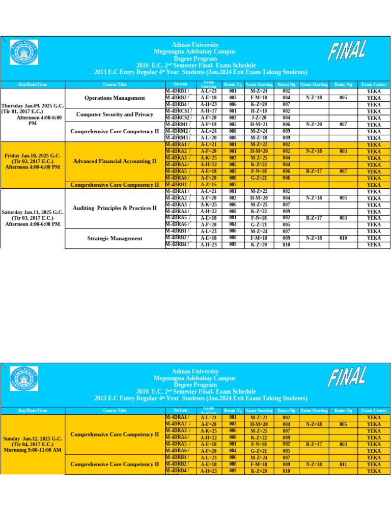 Admas University 2025 Exam Schedule | PDF | Business | Business Economics
