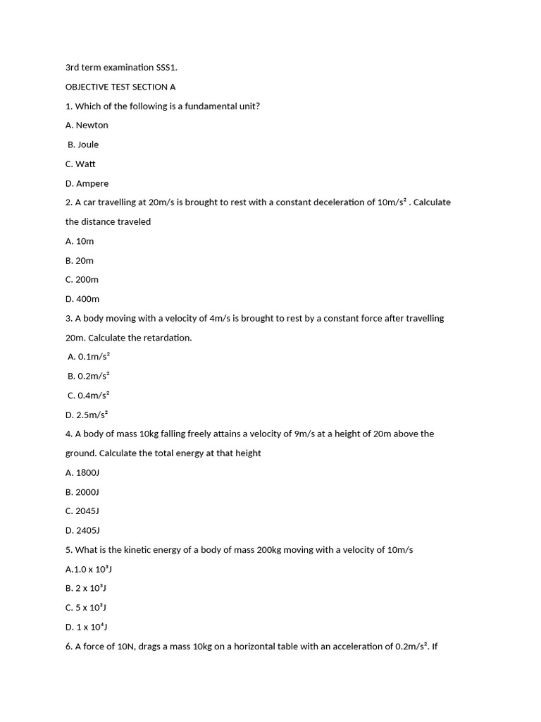 Finalise SS1 Third Term Exams | PDF | Force | Yield (Engineering)