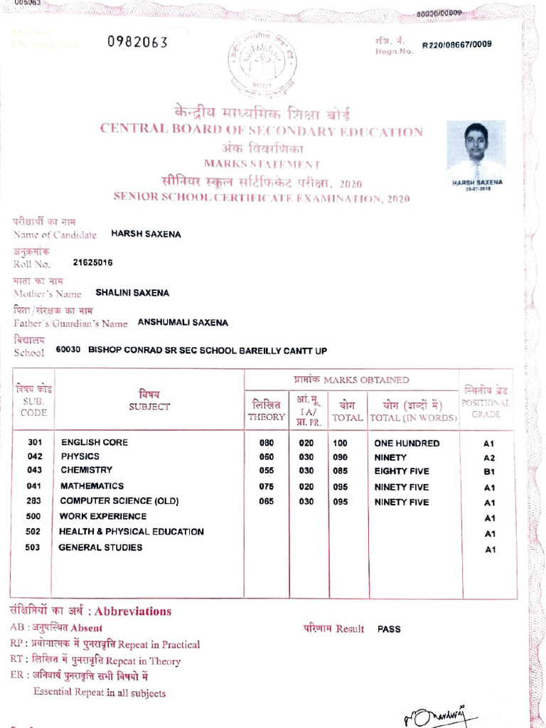12th Marksheet | PDF