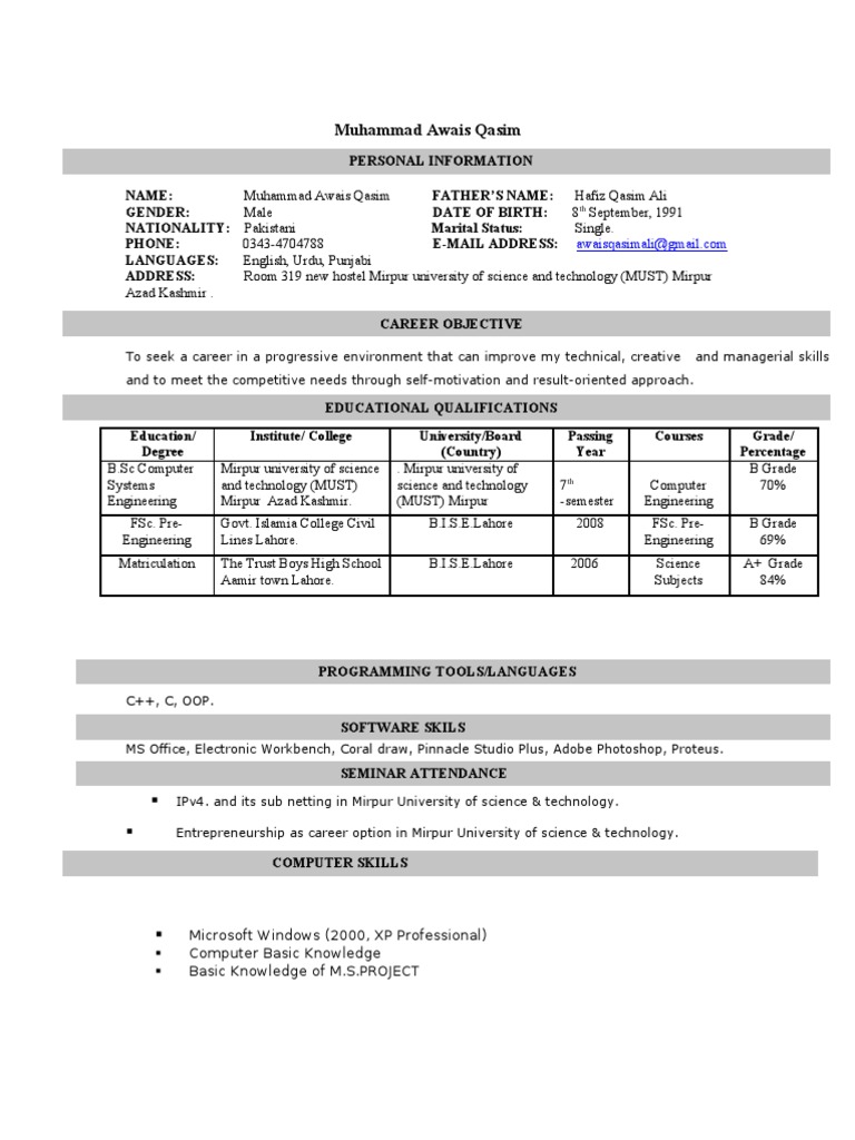 Muhammad Awais Qasim - CV Summary | PDF