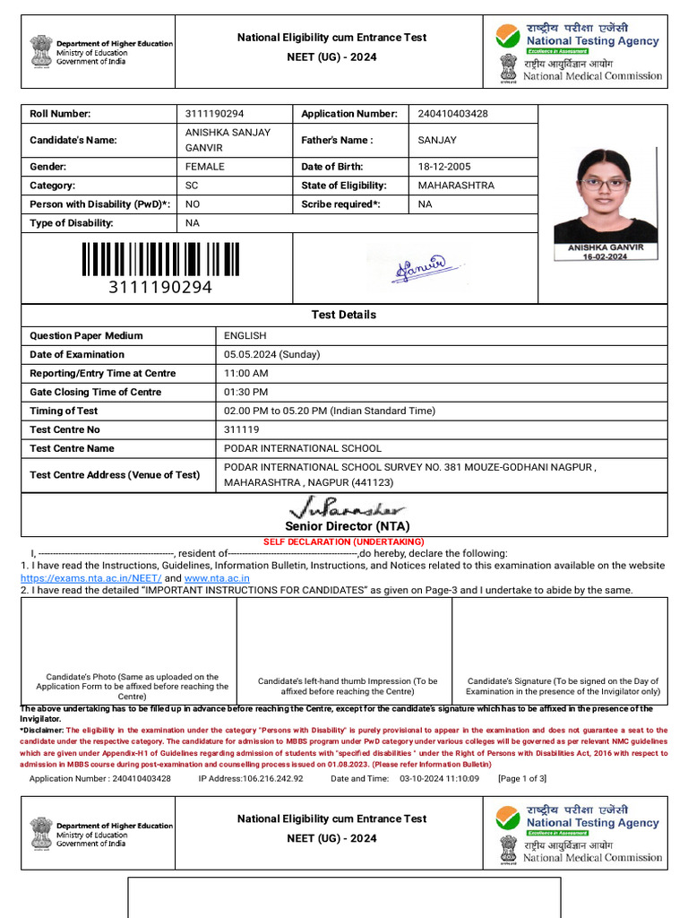 Neet - Ntaonline.in Frontend Web Admitcard Index | PDF | Identity Document