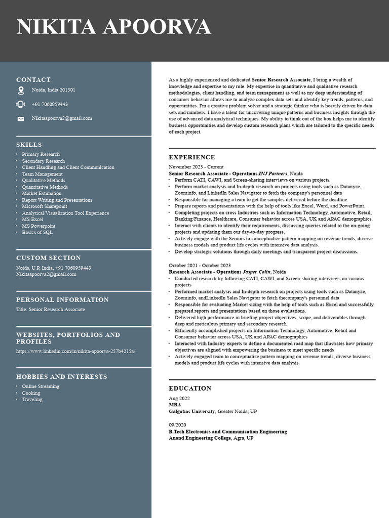 Senior Research Associate Profile | PDF | Data | Consumer Behaviour