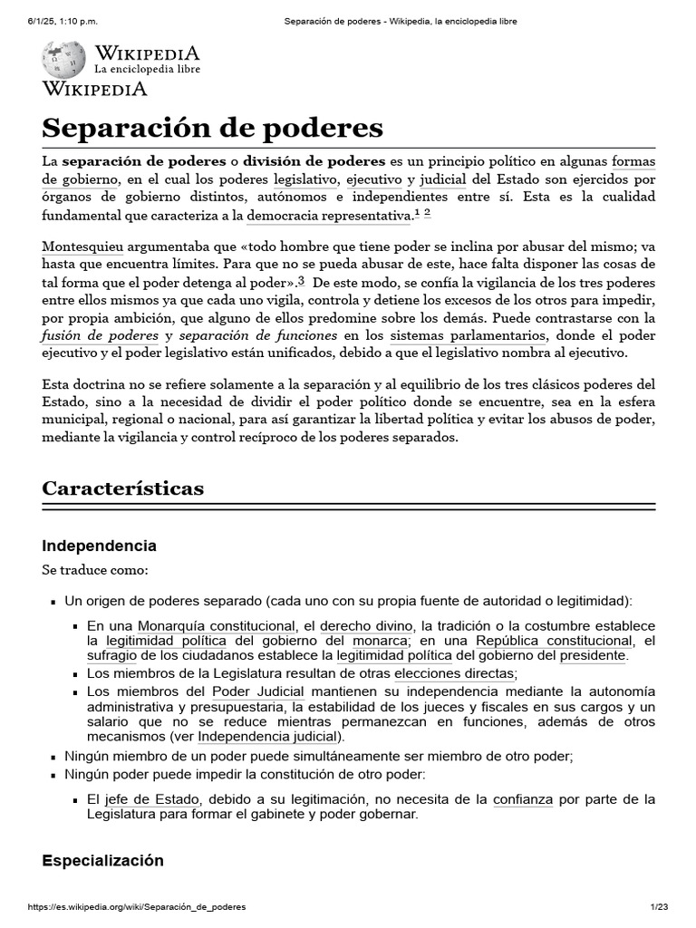Principios de la Separación de Poderes | PDF | Separación de poderes ...