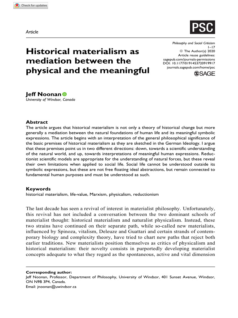Jeff Noonan - Historical Materialism As Mediation Between The Physical ...