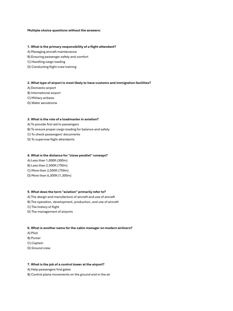 Aviation Practice Questions. | PDF | Airport | Flight Attendant