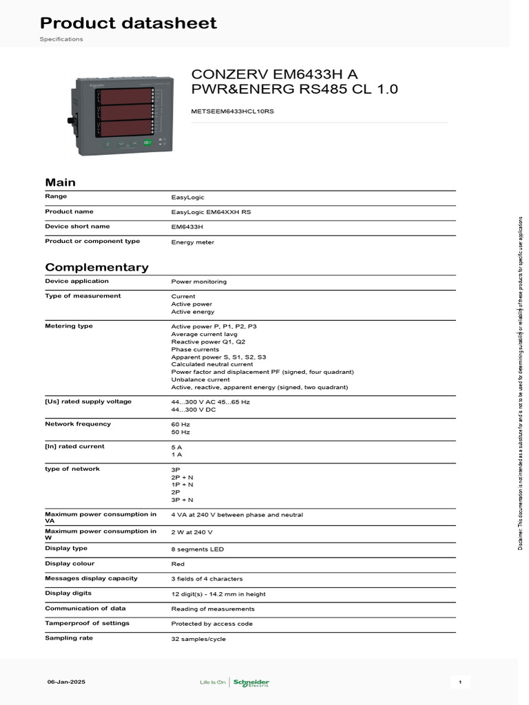 Schneider Electric Hexa Series EM64xxH and PM1130H METSEEM6433HCL10RS ...