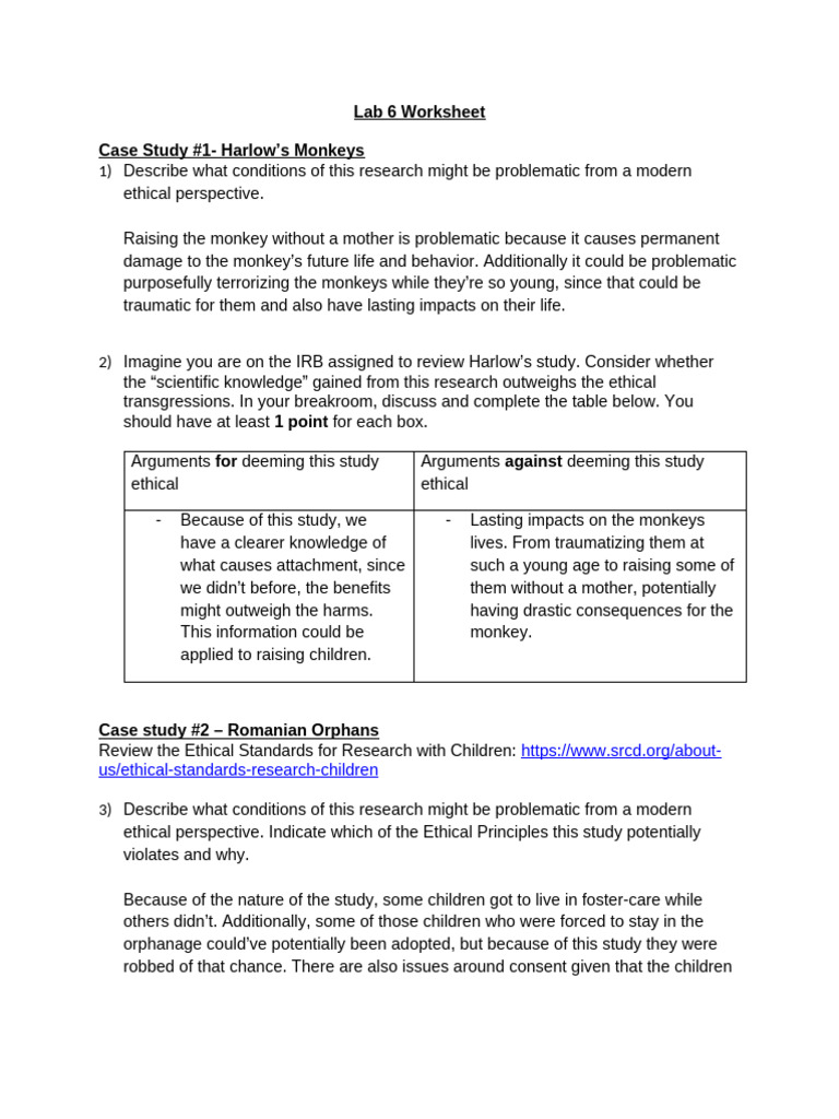 Lab 6 Worksheet | PDF | Orphanage | Mental Chronometry