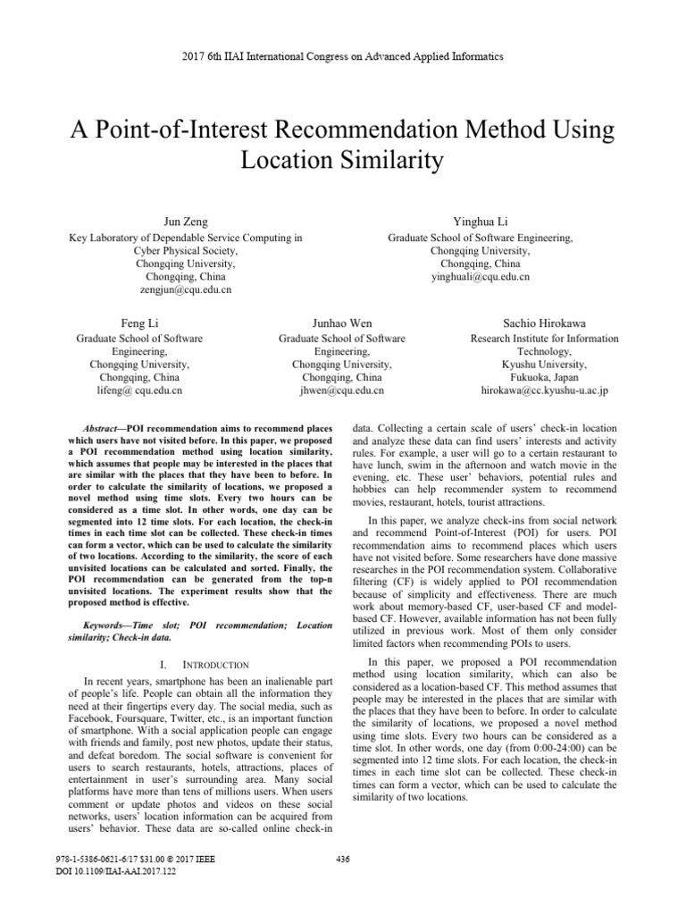 A Point Of Interest Recommendation Method Using Location Similarity Pdf Information Science