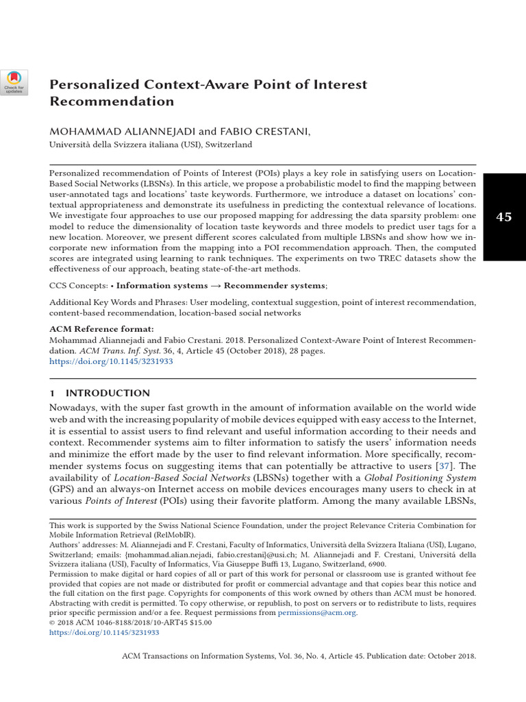 Personalized Context-Aware Point of Interest Recommendation | PDF | Tag ...
