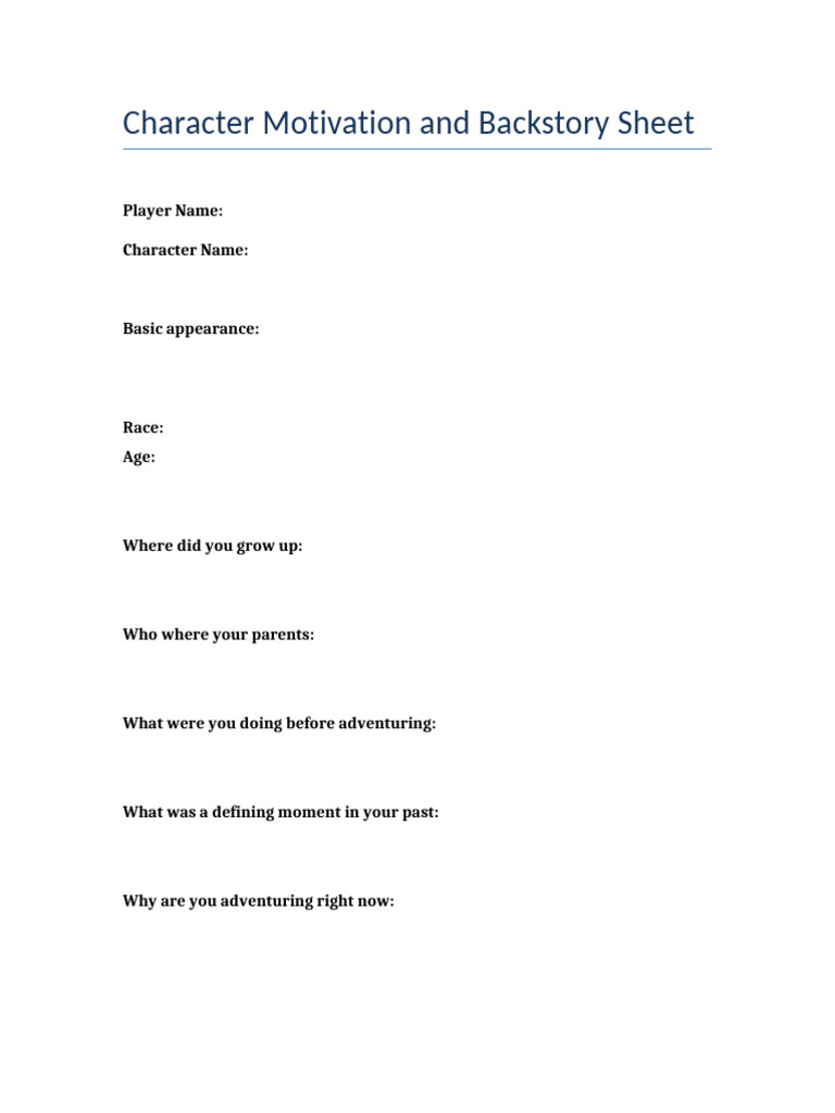 Character Motivation and Backstory Sheet | PDF