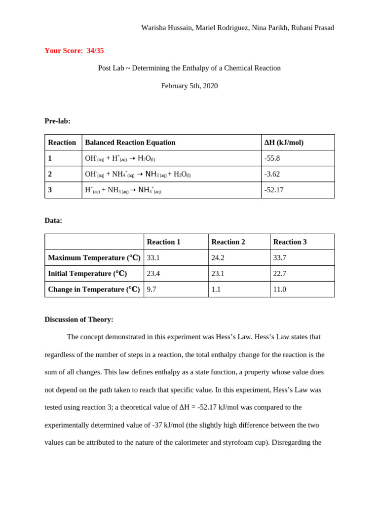 Post Lab Determining The Enthalpy of A Chemical Reaction | PDF | Mole ...