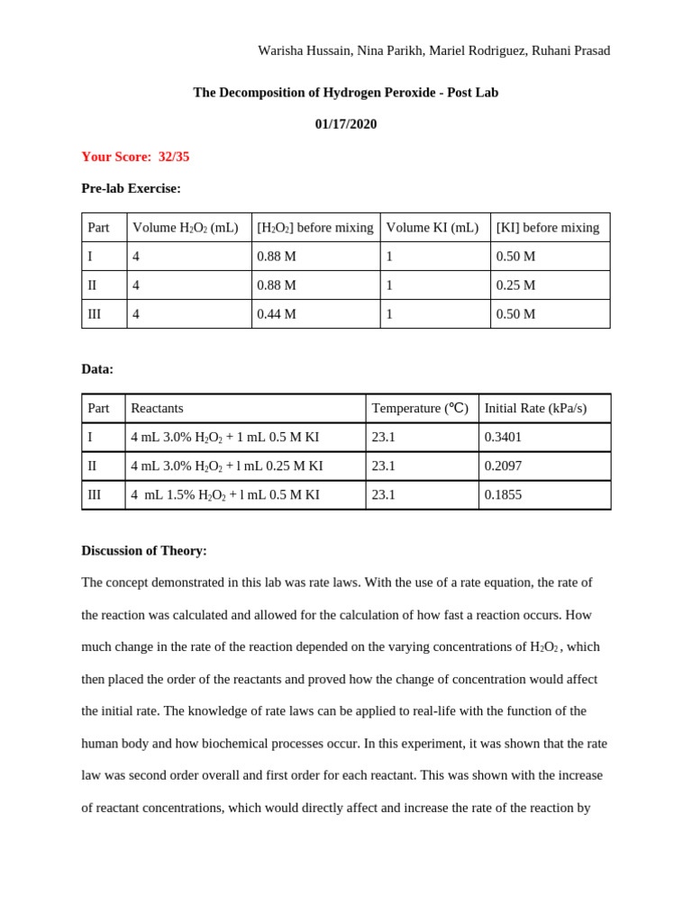 Post Lab - Decomposition of H2O2 | PDF | Hydrogen Peroxide | Chemical ...