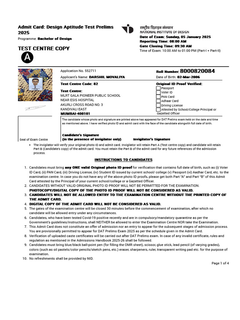 NIDA- ADMIT CARD | PDF | Identity Document | Driver's License