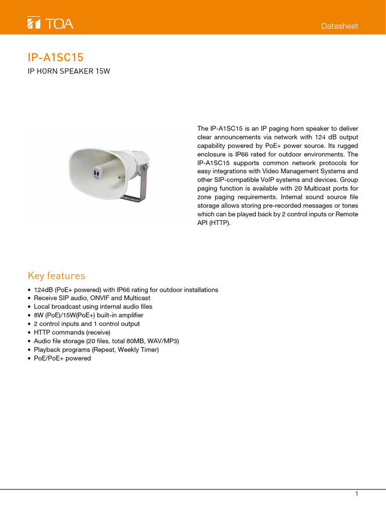 Datasheet Toa Ip-A1sc15 | PDF | Loudspeaker | Session Initiation Protocol