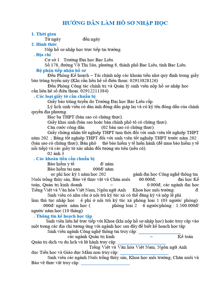 Huong Dan Lam Ho So Nhap Hoc Dot1 | PDF