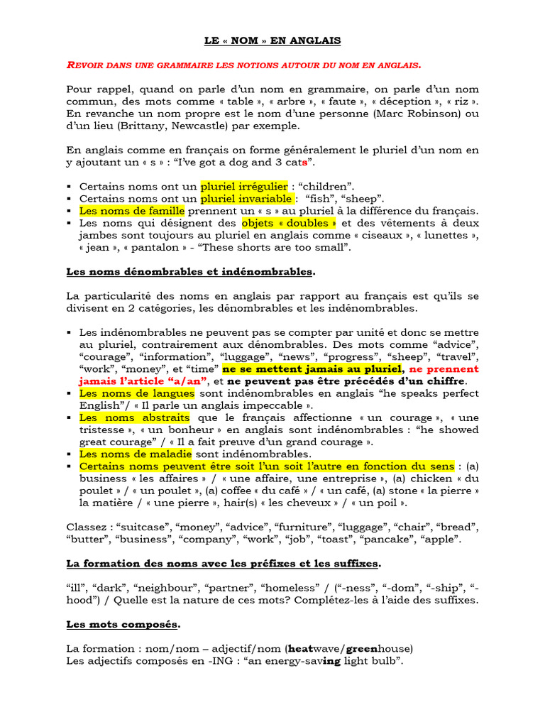 Les Noms en Anglais : Pluriels et Types | PDF | Pluriel | Morphologie ...