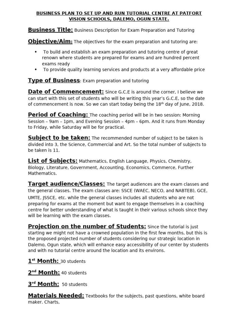 Business Plan for Tutorial Centre in Ogun | PDF