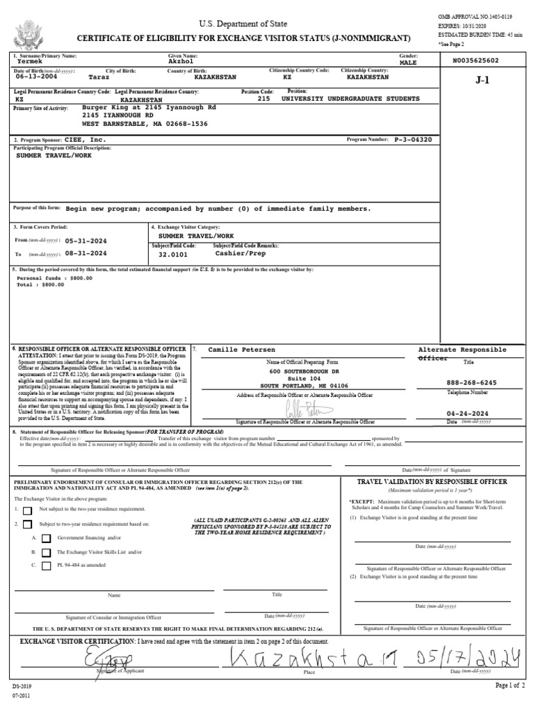 Akzhol Yermek DS-2019 Form 2 | PDF | Travel Visa