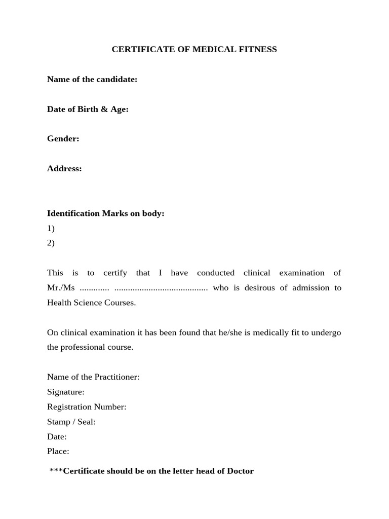 Medical Fitness Certificate Template | PDF
