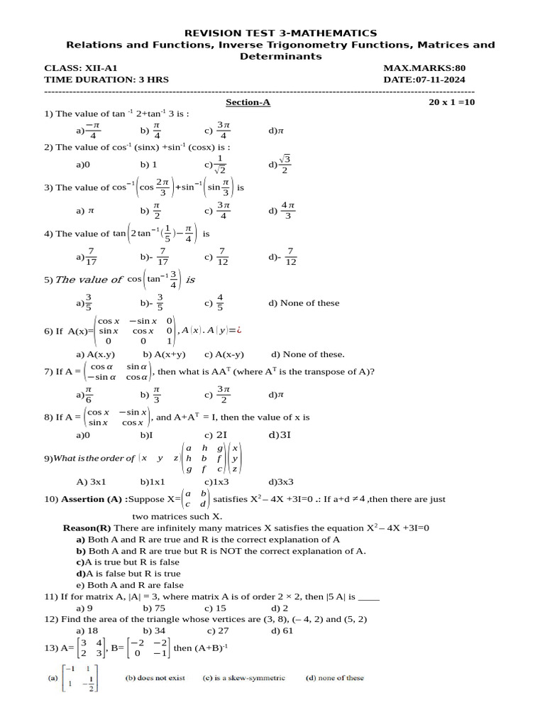 XII-A1 MATHS REVISION TEST 3 | PDF | Function (Mathematics) | Matrix ...