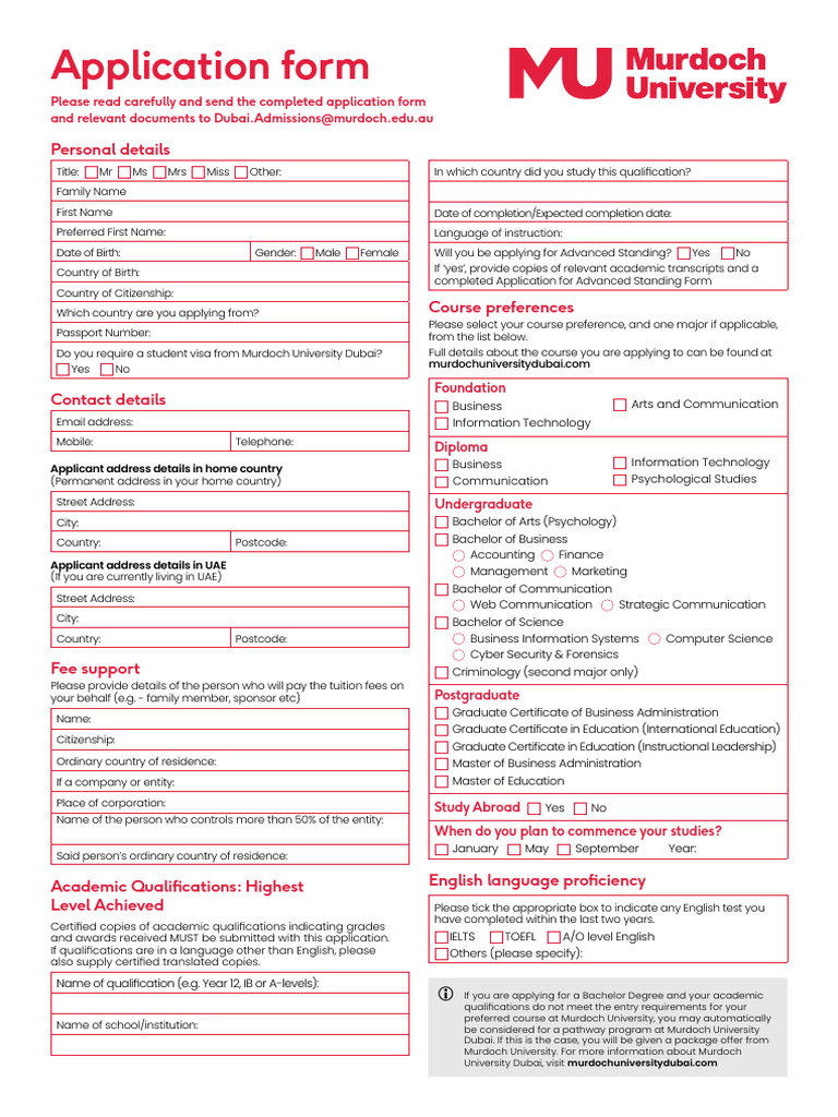 Murdoch Dubai Application Form | PDF | Bachelor's Degree | Diploma