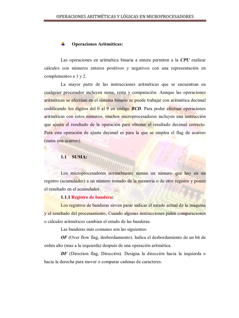 Operaciones Aritméticas y Lógicas en Microprocesadores | PDF | Poco ...