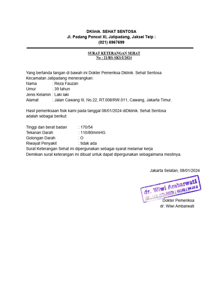 Contoh Surat Keterangan Sehat | PDF