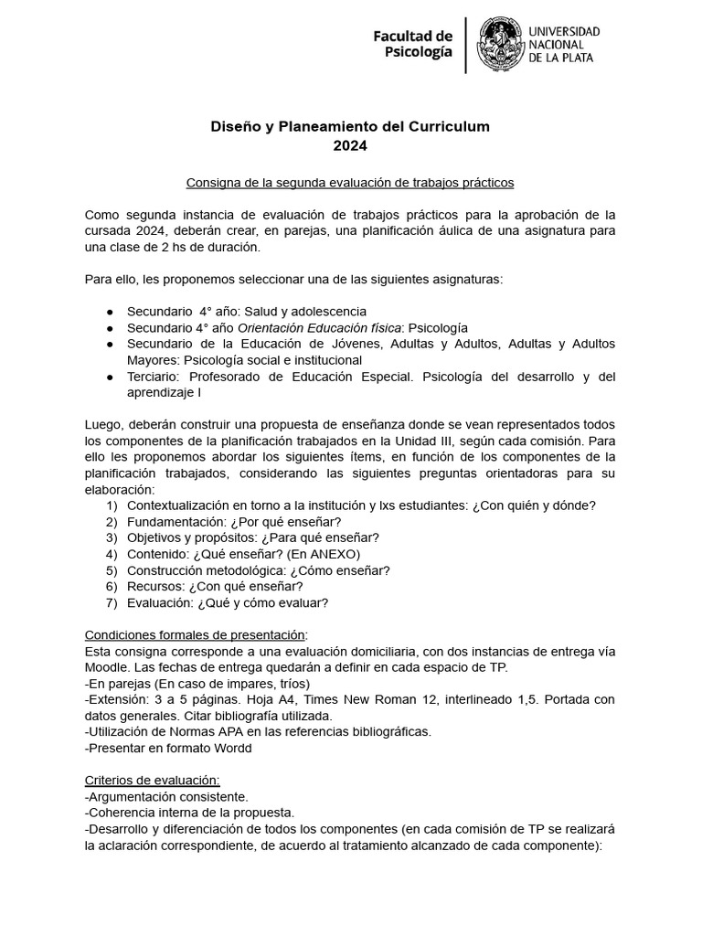 Consigna Segunda Evaluación DPC - 2024 | PDF | Evaluación | Sicología