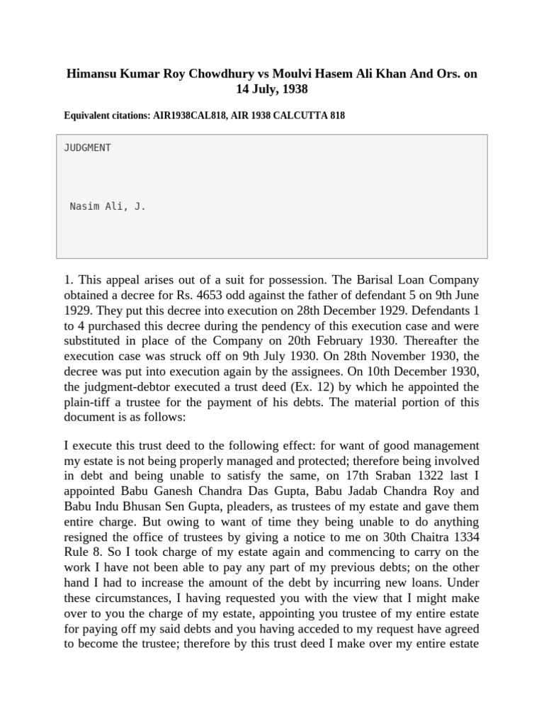 Himansu Kumar Roy Chowdhury vs Moulvi Hasem Ali Khan and Ors | PDF ... Himansu Kumar Roy Chowdhury vs Moulvi Hasem Ali Khan and Ors | PDF ...