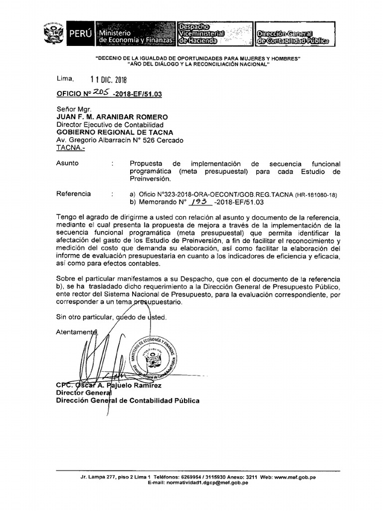 OF 205 18 GOB REG TACNA DGCP Propuesta de Mejora Contable - Estudios de Pre Inversión Gob Reg ...