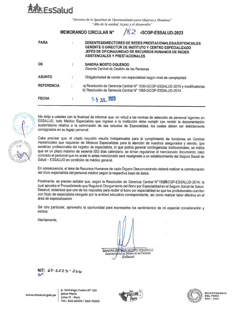 MEMORANDO CIRCULAR N 182 GCGP ESSALUD 2023 - Disposiciones de Médico Especialista | PDF
