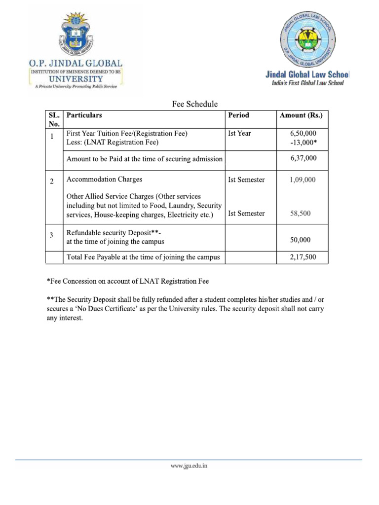 JGLS 5 Year LLB Fee Structure 2025-26 | PDF