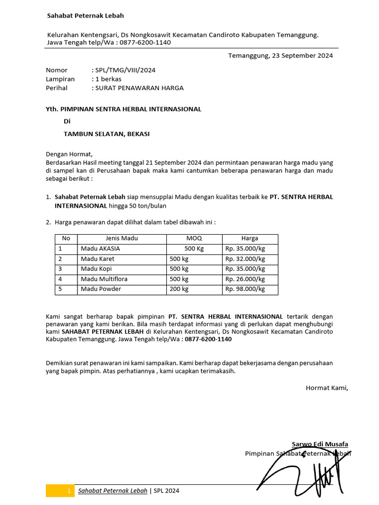 Penawaran Harga Madu SPL 2024 | PDF