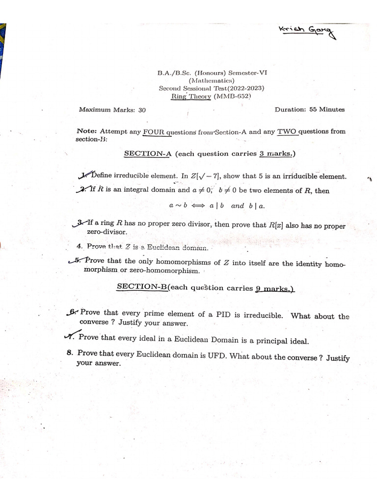 BSC VI Sem (Sessional Test-2) 2 | PDF | Ring (Mathematics) | Compact Space