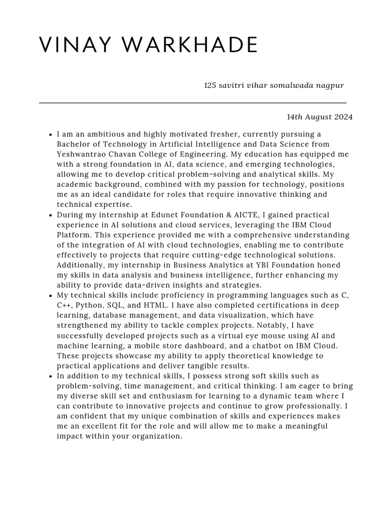 Vinay Warkhade - Cover - Letter | PDF