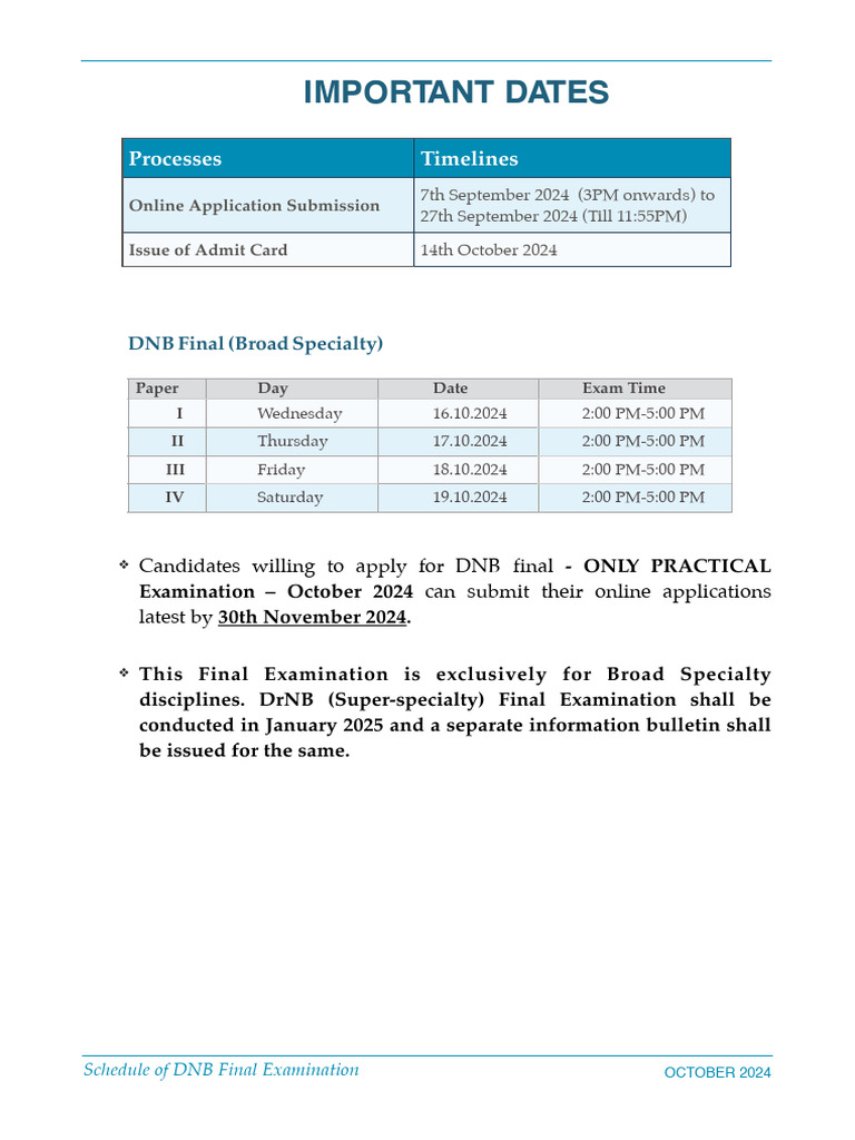 Schedule of DNB Final Exam - October 2024 | PDF