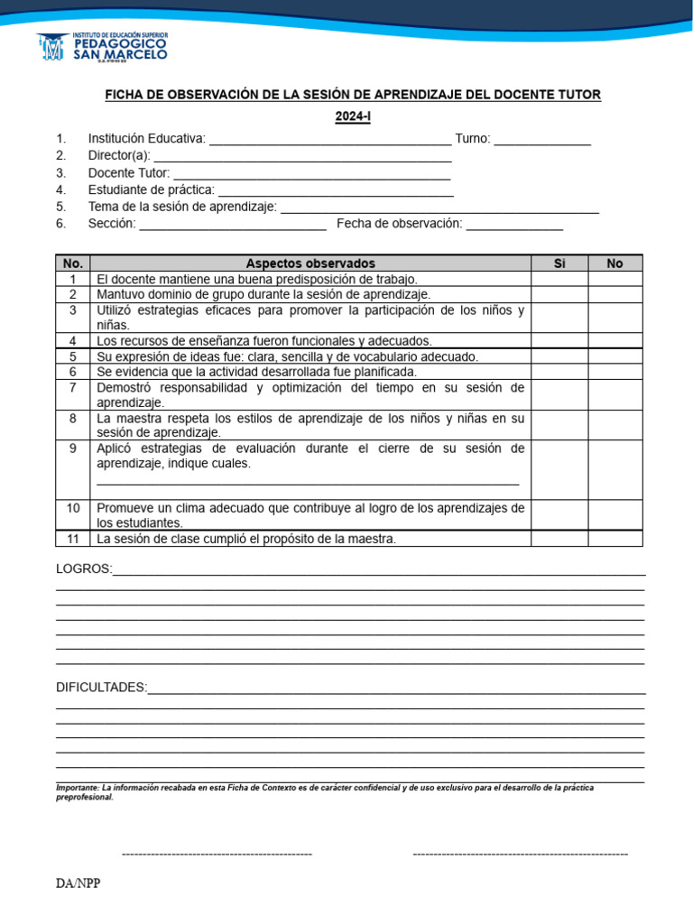 Ficha de Observaci-N de La Sesi-N de Aprendizaje Del Docente Tutor | PDF | Aprendizaje | Maestros