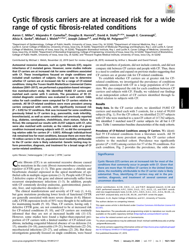 Miller Et Al 2019 Cystic Fibrosis Carriers Are at Increased Risk for a ...