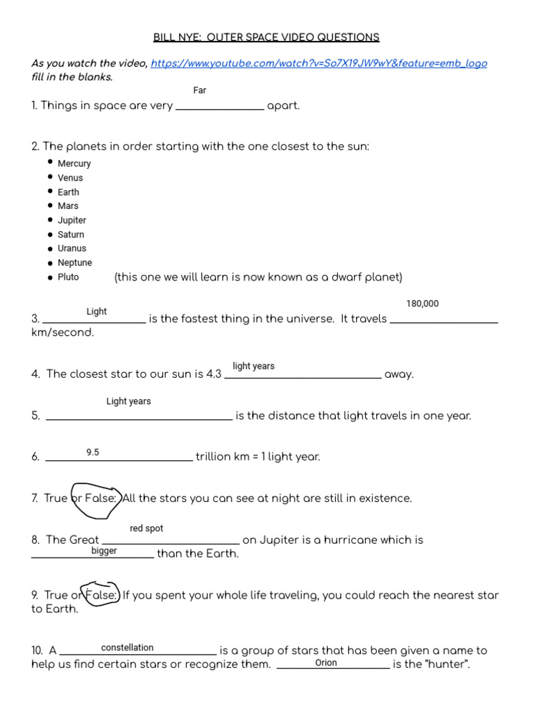 Bill Nye: Outer Space Video Questions | PDF | Planets | Planets Of The ...