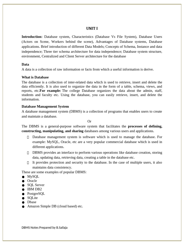 DBMS unit-1 | PDF | Databases | Relational Model DBMS unit-1 | PDF | Databases | Relational Model