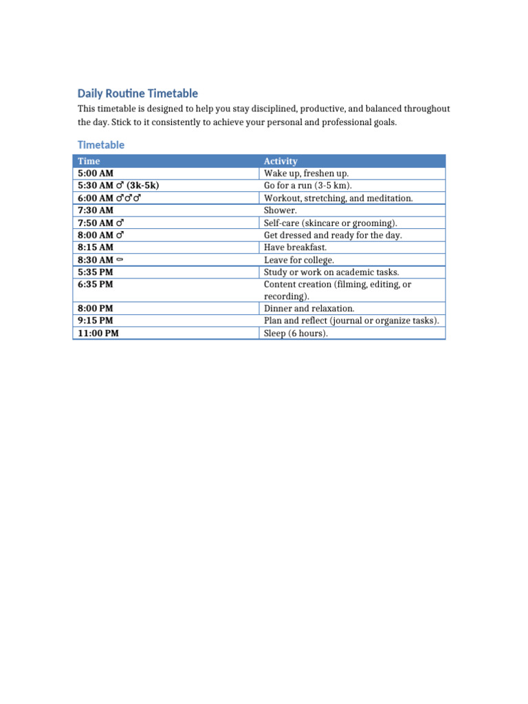 Daily Routine Timetable | PDF