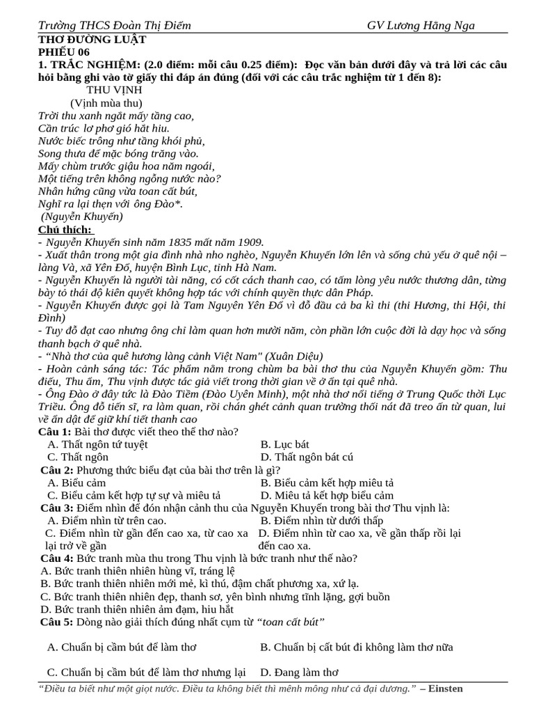 Ôn thi giữa học kì II. P06. Thu vịnh | PDF