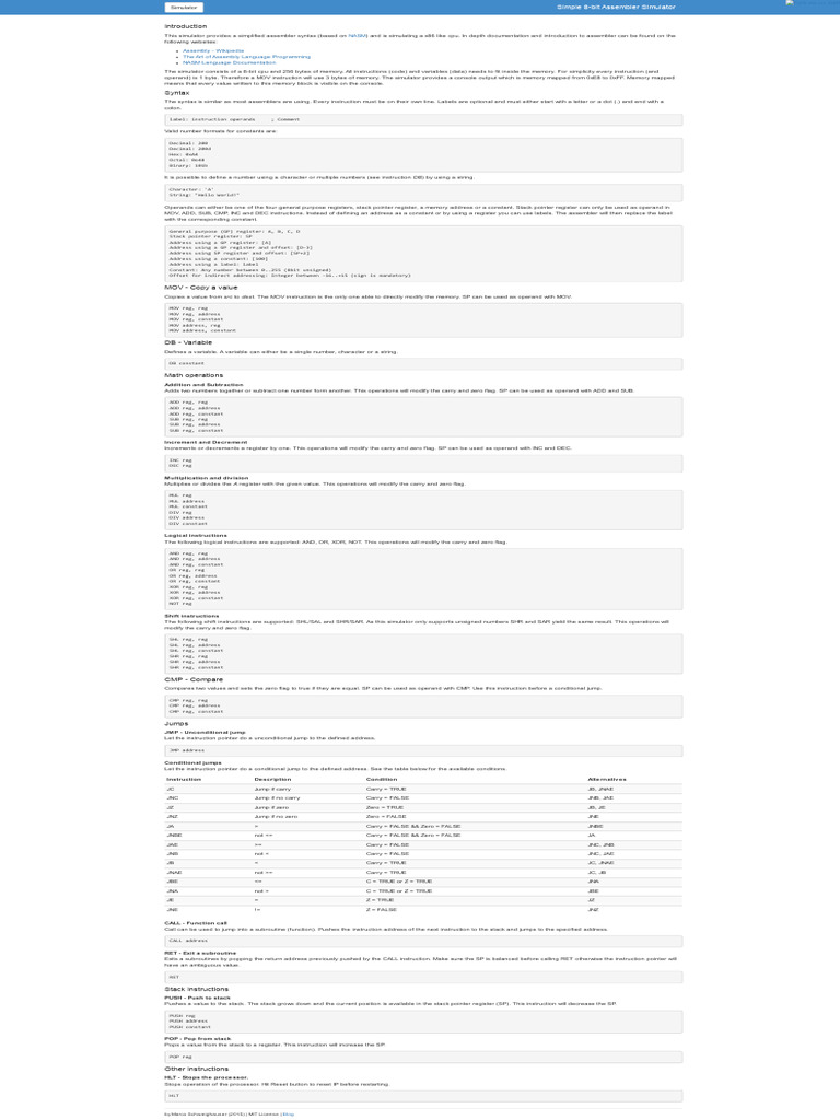 Simple 8-Bit Assembler - Instruction Set Help | PDF | Assembly Language | Computer Science