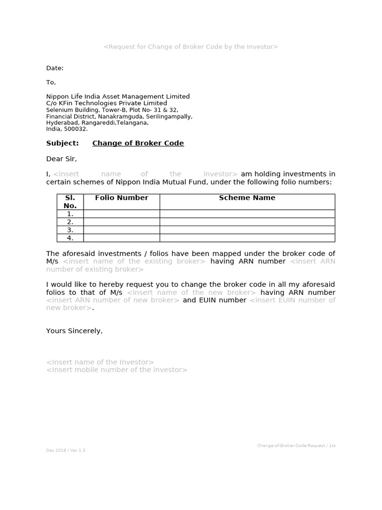 Nippon Mutual Fund Broker Change Request | PDF