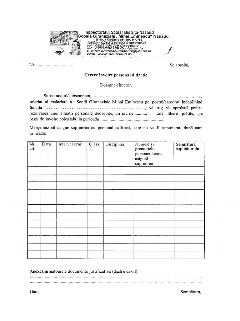 Cerere invoire colegiala cadre didactice | PDF