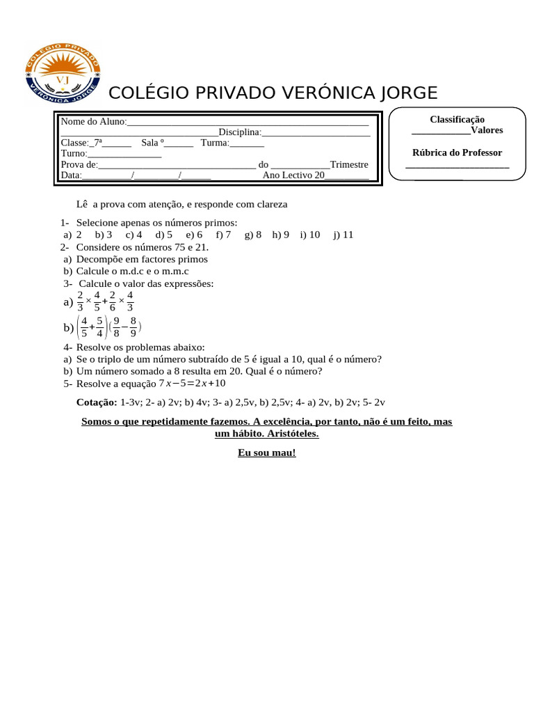 Prova de Matemática | PDF | Matemática | Álgebra