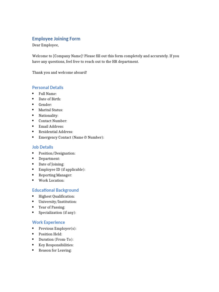 Employee Joining Form | PDF