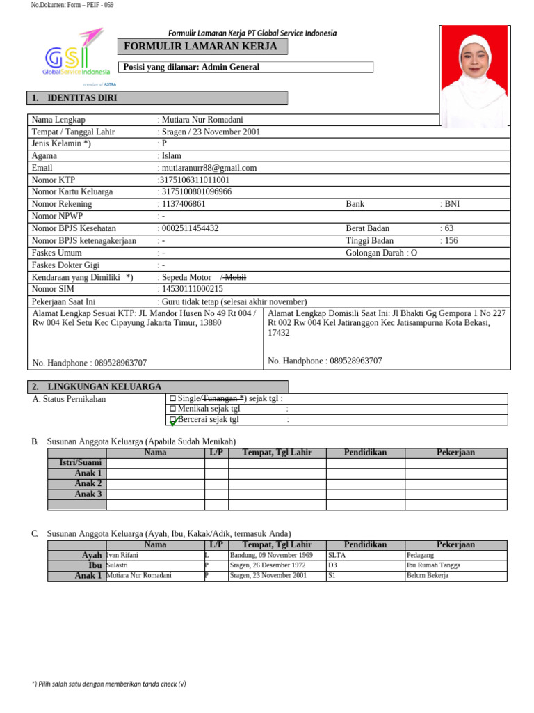 Formulir Lamaran Kerja PT Global Service Indonesia-1 | PDF