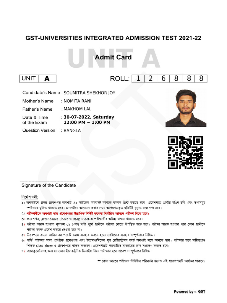 Unit A: Admit Card | PDF